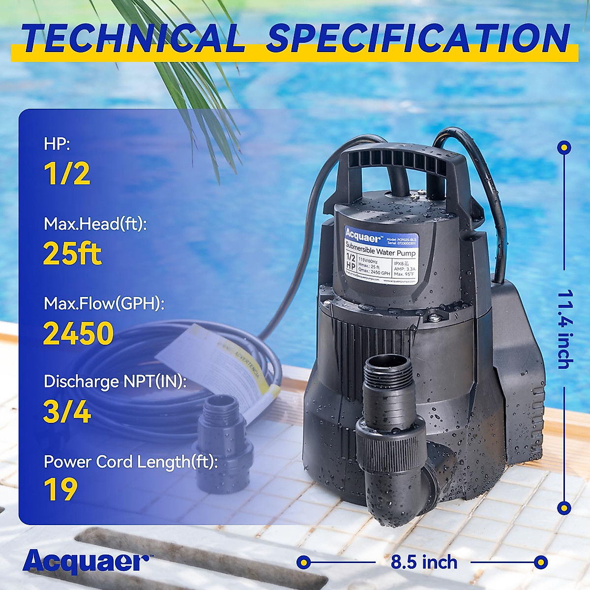 Acquaer 1/2 HP Automatic Sump Pump, 2450 GPH Submersible Water Pump with 3/4”Garden Hose Check Valve Adapter and 19ft Cord, Thermoplastic Utility Transfer Pump for Flooded Basement Pools Tub Draining