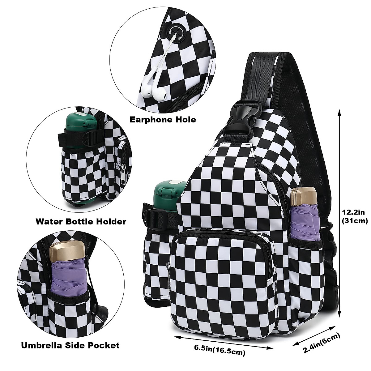 Xunteny Checkered Sling Bag Backpack for Women, Small Chest Bag Crossbody Shoulder Bags for School Traveling Hiking Cycling