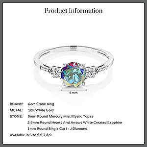 Gem Stone King 10K White Gold 6MM Round Gemstone Birthstone White Created Sapphire & White Diamond Accent 3-Stone Engagement Ring | Three-Stone Wedding Anniversary Promise Ring For Women