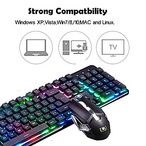 Wireless Rechargeable Backlit Keyboard and Mouse Combo,Soke-Six 2.4G Full-Size Mechanical Feel Gaming Keyboards with USB 2400DPl Mice,Adjustable Breathing Lamp,Anti-Ghosting (Black& Mix Light)