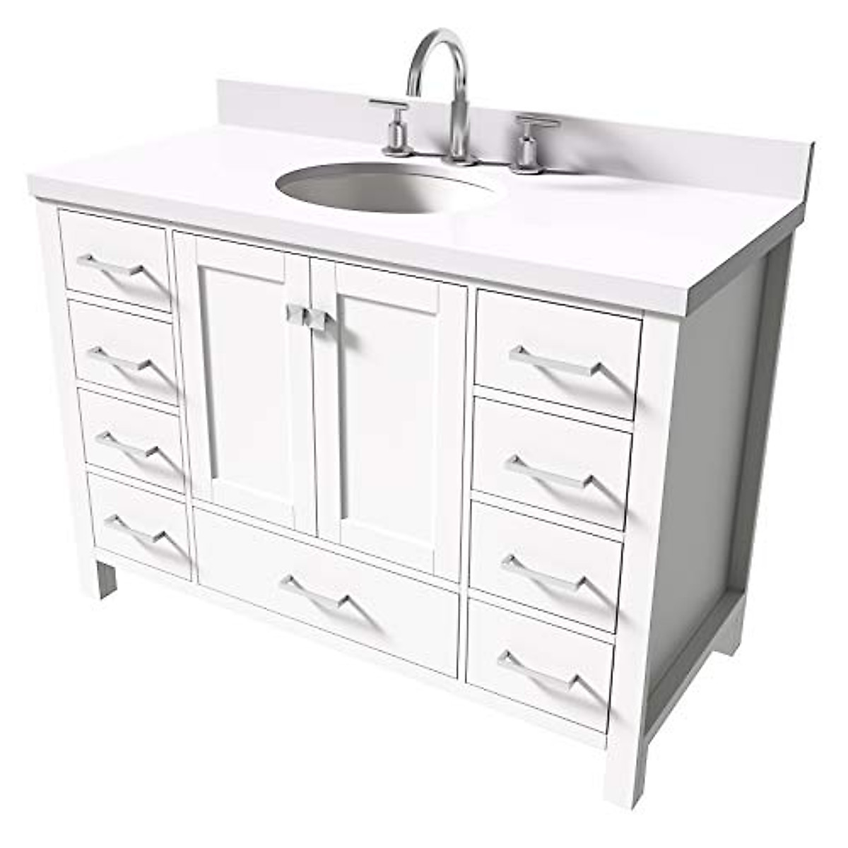 ARIEL Bathroom Vanity 49" Inch in White with Pure White Quartz Countertop, Oval Sink, 2 Soft Closing Doors and 9 Full Extension Dovetail Drawers, No Mirror