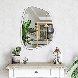 Irregular Oval Wall Mirror Large White 20"x16" Inches Asymmetrical Mirror Modern Wood Frame Unique Shape Wall Mounted Vanity Artistic Mirror Decor for Living Room Bedroom Bathroom Entryway Hallway