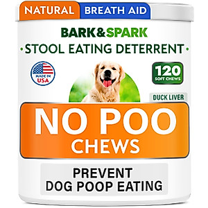 BARK&SPARK No Poo Chews for Dogs - Coprophagia & Stool Eating Deterrent with Probiotics, Digestive Enzymes & Breath Aid Support - Stop Dog Poop Eating - Made in USA - 120 Soft Chews - Duck Liver