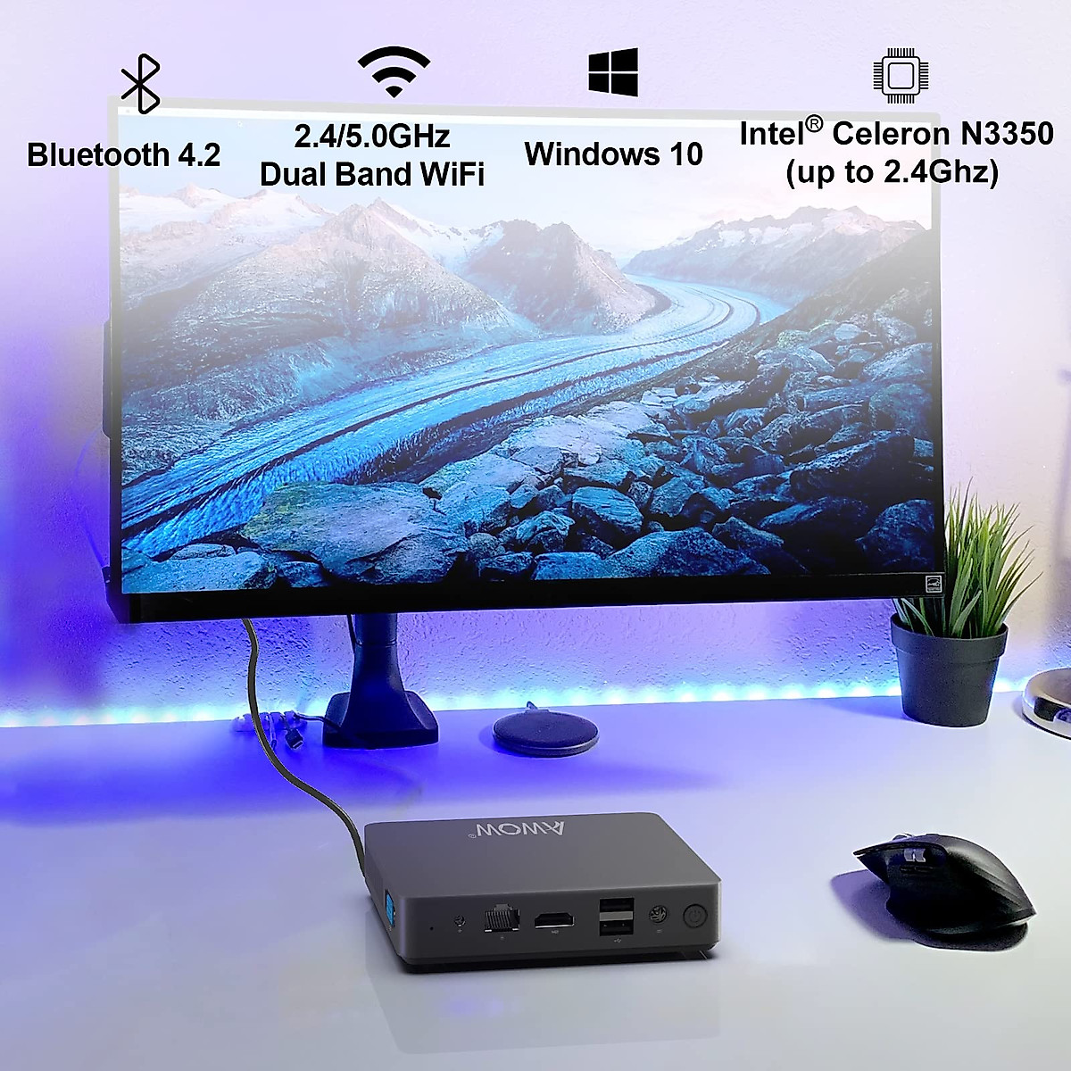AWOW Mini PC Windows 10 PRO, Intel 4 Cores Celeron N3350 (Max 2.4 GHz), Small Desktop PC 6GB DDR4 RAM 64GB SSD, Mini Computer Support 4K Dual HDMI, WiFi5 Bluetooth 4.2, Gigabit Ethernet, 2*USB