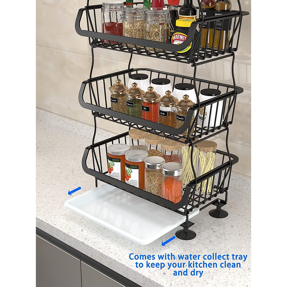 ALPHYSE Fruit Basket for Kitchen, Wire Baskets for Fruit and Vegetable Storage, 6 Tier Stackable Baskets with Wheels and Anti-Skid Feet for Kitchen, Pantry, Bathroom