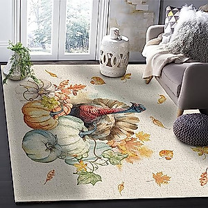 OComster Thanksgiving Rectangle Shape Large Area Rugs - 4 x 6 Feet Pumpkin Teal Orange Turkey Fall Maple Leaves Burlap - (Non-Woven + Rubber) Low File Floor Mat