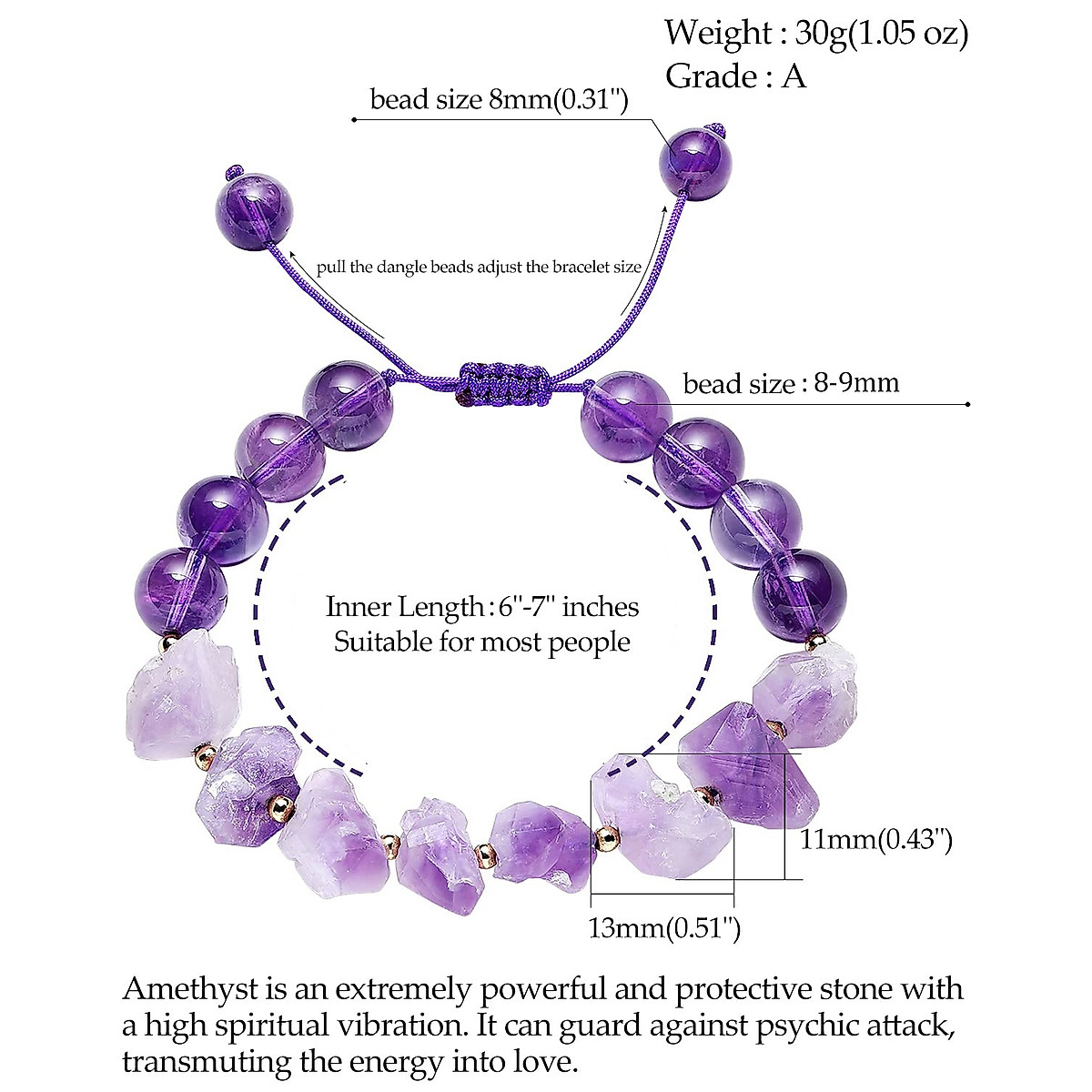 Jewever Natural Amethyst Crystal Bracelet for Women Healing Gemstones and Crystals Beaded Bracelets Meditation Balance Gifts Adjustable