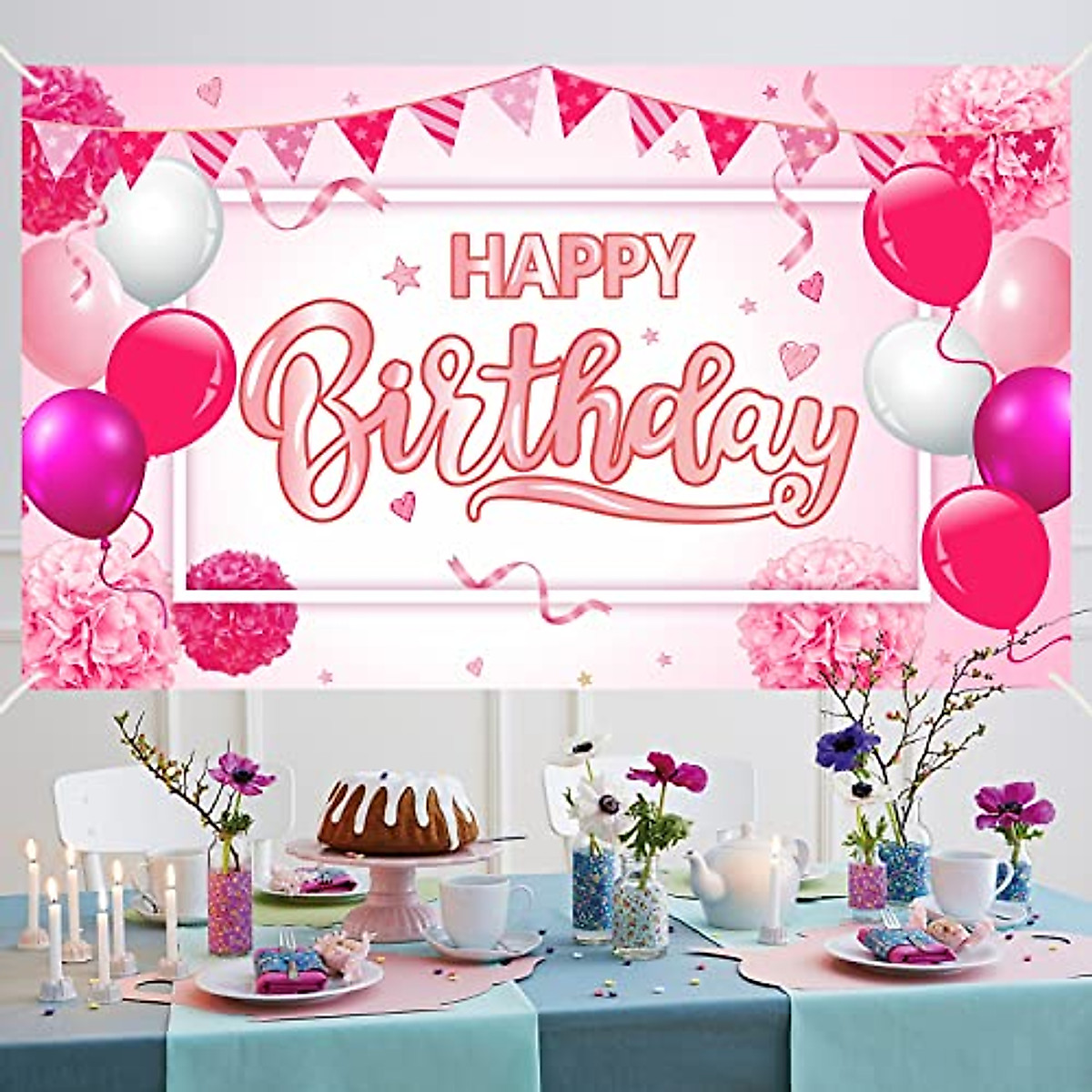 Hot Pink Happy Birthday Banner Backdrop Decorations for Girls Women, Happy Birthday Party Sign Supplies, Large 10th 16th 21st 30th 40th 50th Birthday Background Photo Booth Props Decor