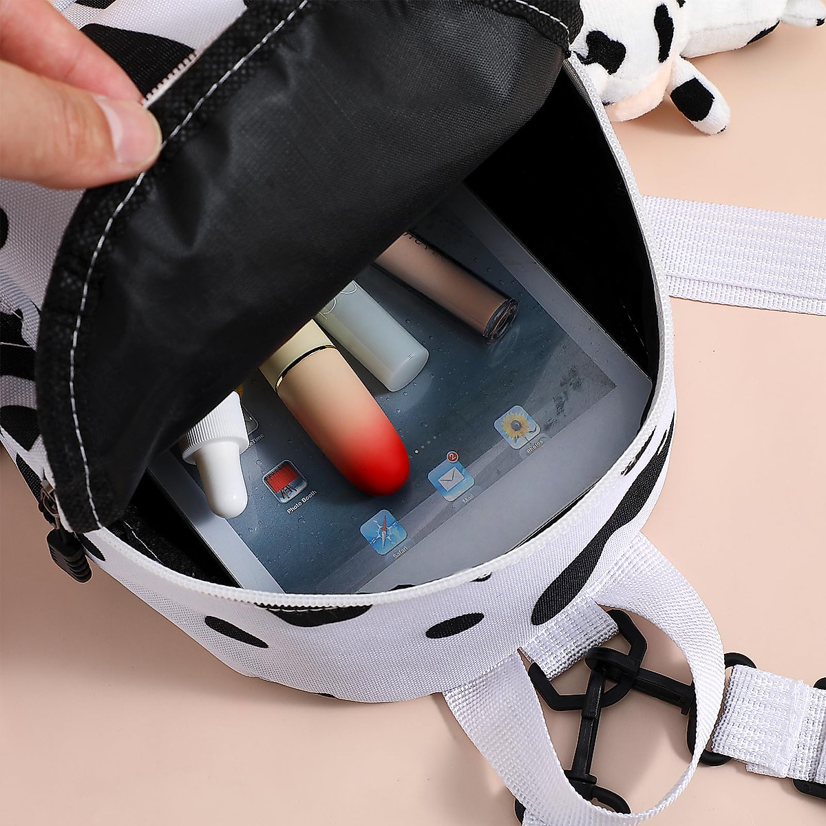 TENDYCOCO Cow Backpack with Plush Cow Pendant Canvas Cow Print Backpack Cow Print stuff Cow Gifts for Women Mini Backpack for Women