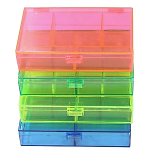 BIN BUDDY Set of 4 | Colored Transparent Plastic Boxes | 4.5" (11.4 cm) x 3" (7.6 cm) x 1" (2.5 cm) | Hinged Lids, 5 Internal Sections | For Crafts, Sewing