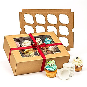 Smirly Cupcake Boxes 12 Count: Disposable Cupcake Containers 12 Count, Cupcake Holder with Lid, Cupcake Carrier, Bakery Boxes with Window, Pastry Boxes, Brown Cookie Boxes with Window Long Treat Boxes