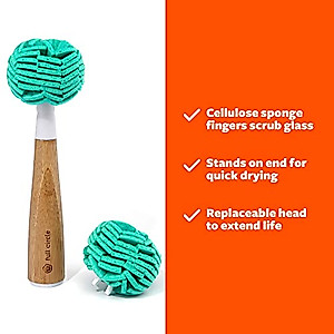 Full Circle Crystal Clear 2.0 Replaceable Glass Cleaner - Gentle Sponge Cleaning Brush for Washing Glasses – Bamboo Handle and Layered Cellulose Sponge Kitchen Dish Brush, One Size, White