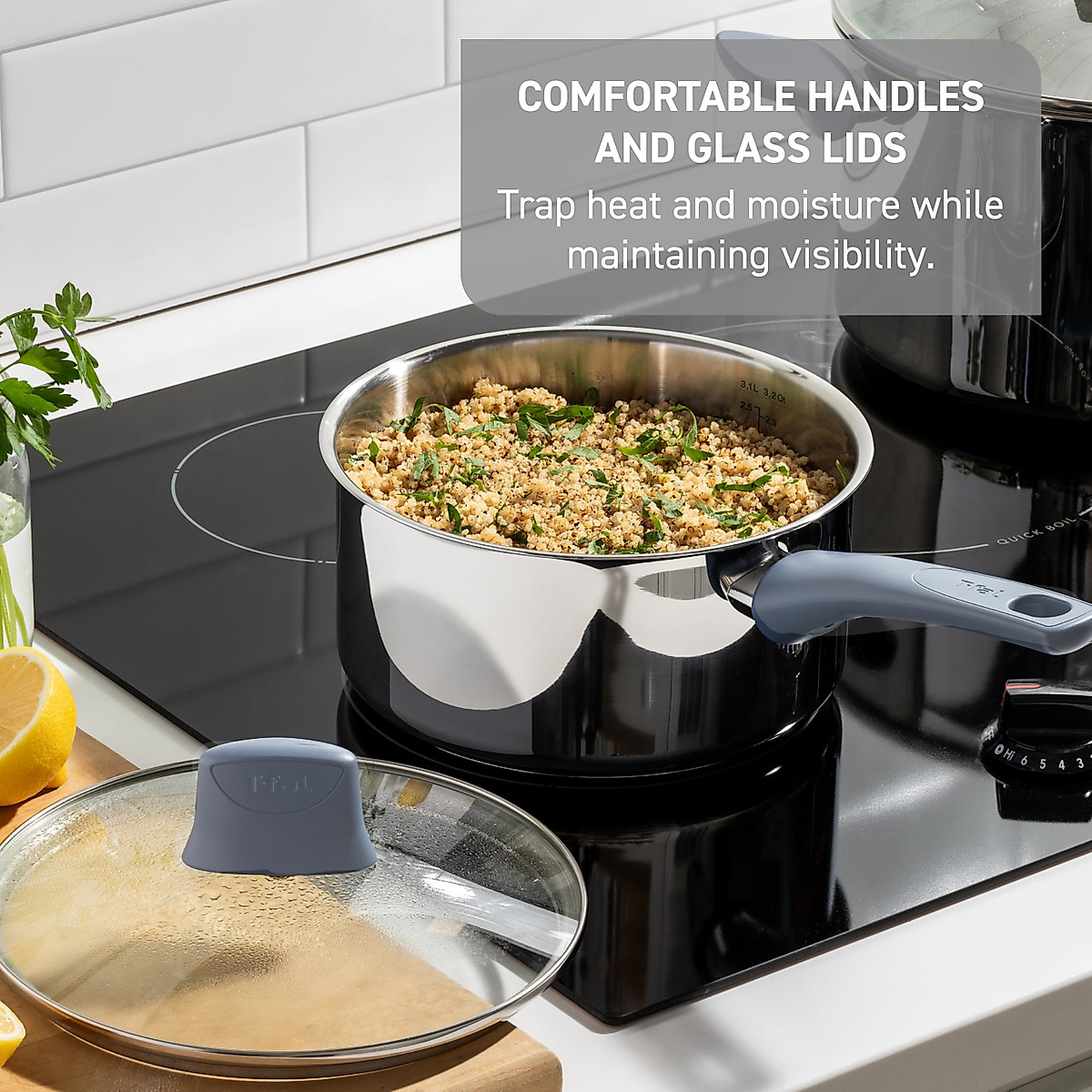 T-fal Essentials Stainless Steel Sauce Pan with Lid 3.2 Quart, All Cooktops Including Induction, Oven Safe 350F, Multipurpose Saucepan, Chef's Classic Pot,Measuring Marks, Dishwasher Safe Silver/Blue