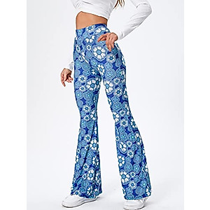 WDIRARA Women's Elastic High Waist Allover Print Floral Bell Bottom Flare Leg Long Pants Blue and White S