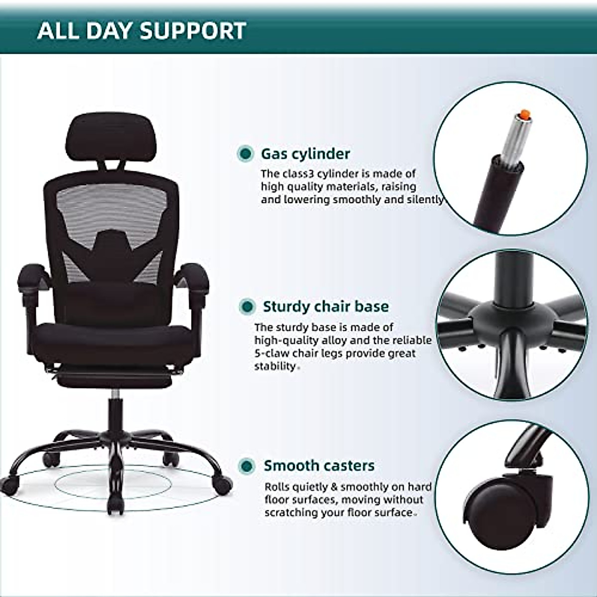 JHK Ergonomic Home Office Mesh Chair, Solid Black