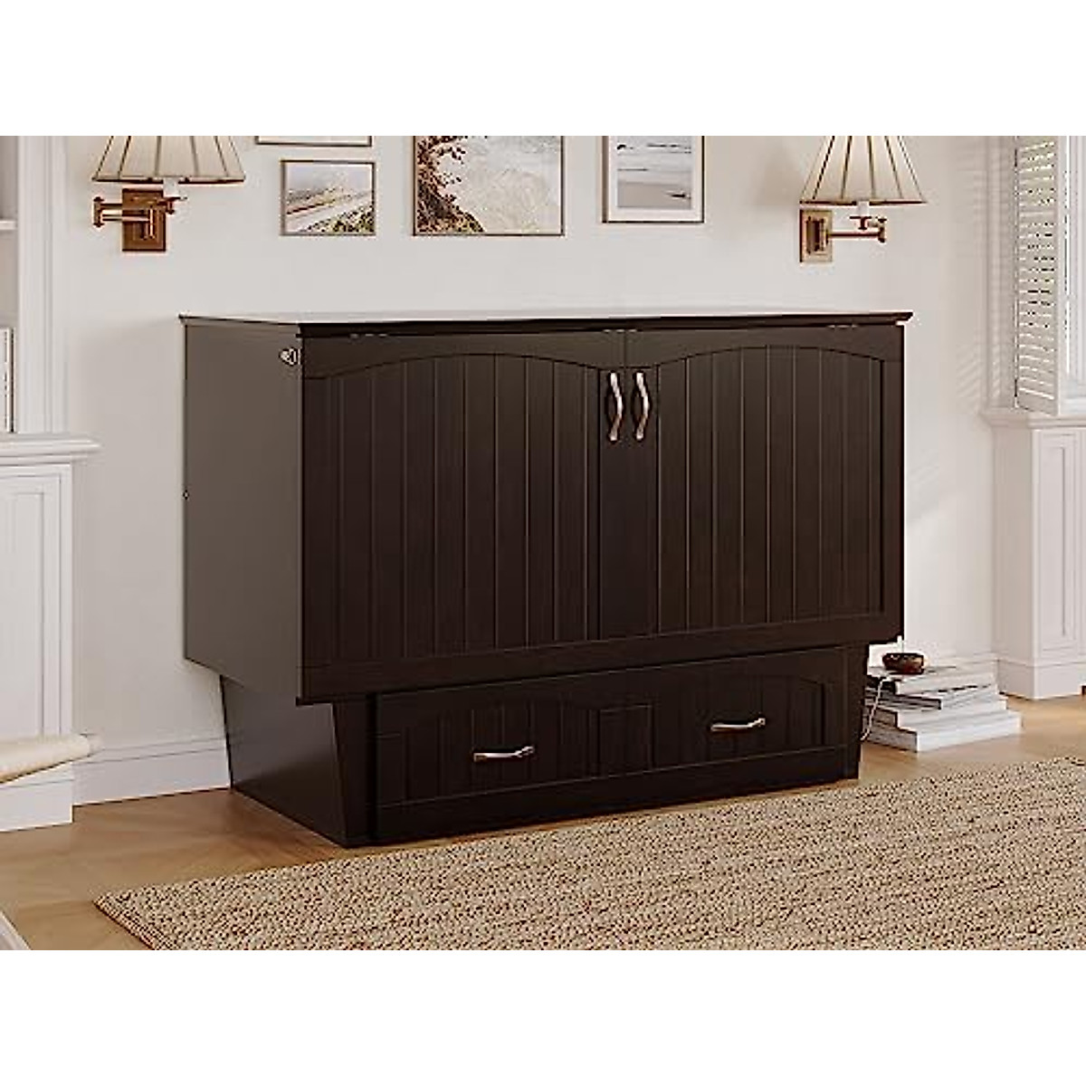 AFI, Nantucket Murphy Bed Chest with 6 inch Memory Foam Folding Matttress, Built-in Charging Station and Storage Drawer, Full, Espresso