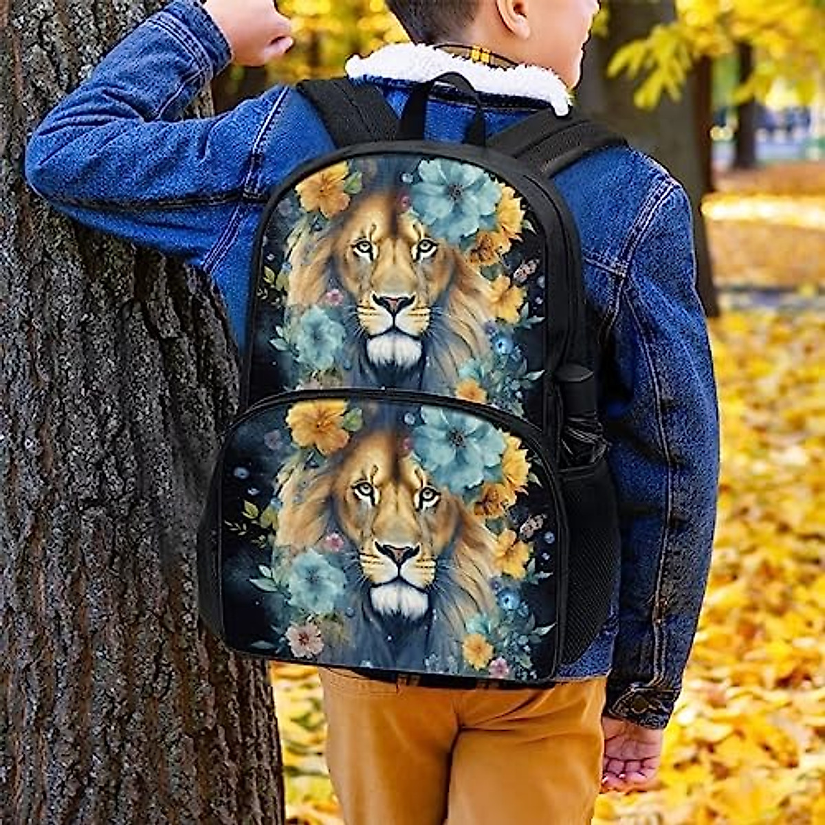 Pinupub 3 In 1 Kids Backpack Set Blue Lion Flowers Print 17 Inch Large Elementary School Bag With Lunch Bag And Pen Bag