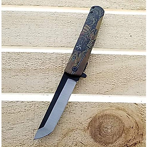 Falcon Spring Assisted Open Pocket Folding Knife with Japanese Culture Art Design Handle for Collection, Gift, Hunting, Fishing, Camping and Daily Used (Skull Samurai)