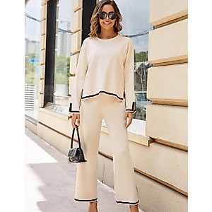 Tanming Women's 2 Piece Outfits Long Sleeve Knit Sweater Top Wide Leg Pants Lounge Sets Tracksuits (Apricot-M)