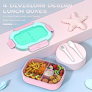 TEVIKE Kids & Adults Bento Lunch Box-4 Compartment Leak-Proof Food Containers with Fork & Spoon, BPA Free, Bento Adult Lunch Box for Work School, Microwave & Dishwasher Safe (Misty Mint-Pk)