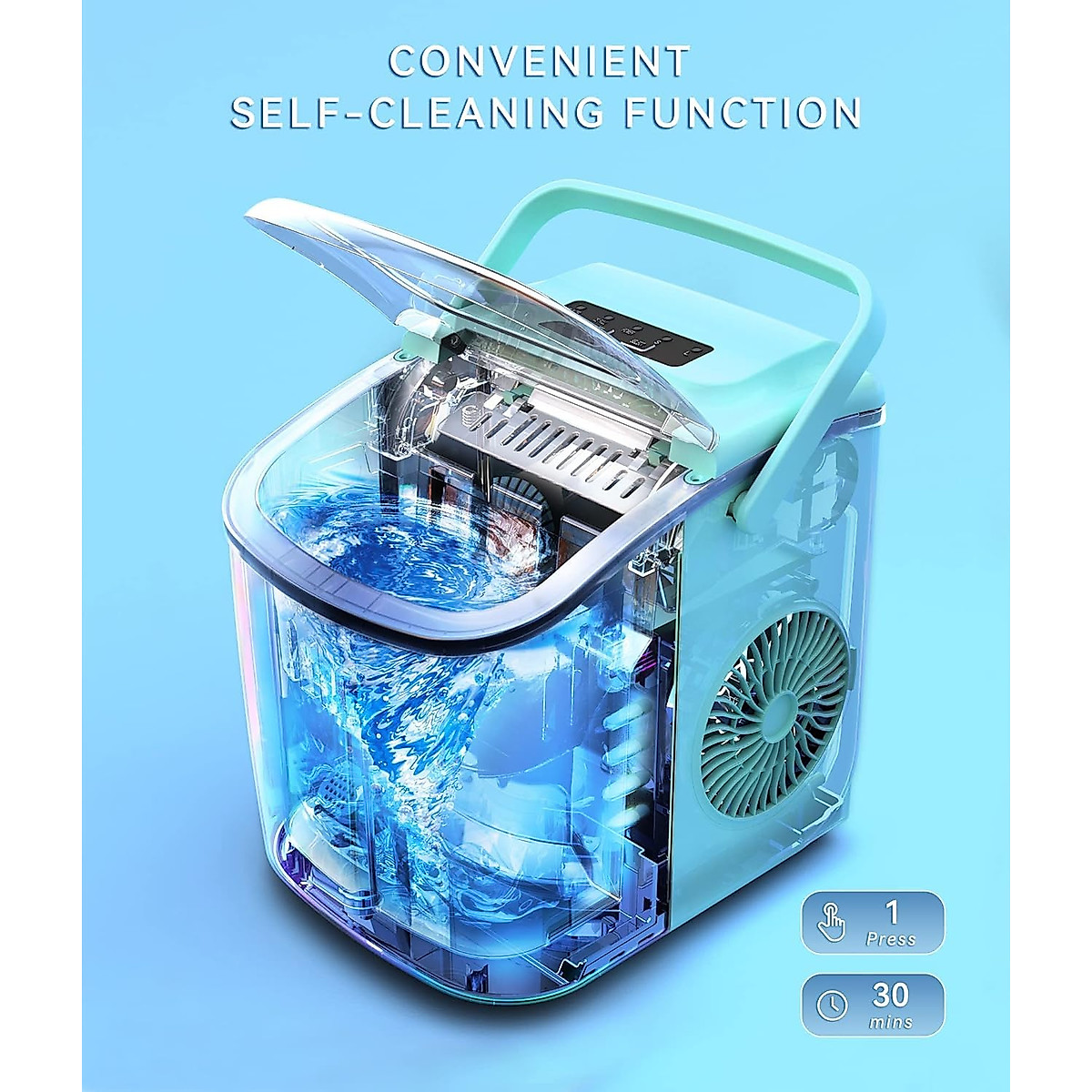 ecozy Portable Ice Maker Countertop, 9 Cubes Ready in 6 Mins, 26 lbs in 24 Hours, Self-Cleaning Machine with Ice Bags/Standing Ice Scoop/Ice Basket for Kitchen Office Bar Party, Aqua