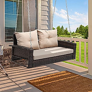 YITAHOME Wicker Hanging Porch Swing Chair Outdoor Brown Rattan Patio Swing Lounge w/ 2 Back Cushions Capacity 530lbs for Garden, Balcony, Living Room, Beige