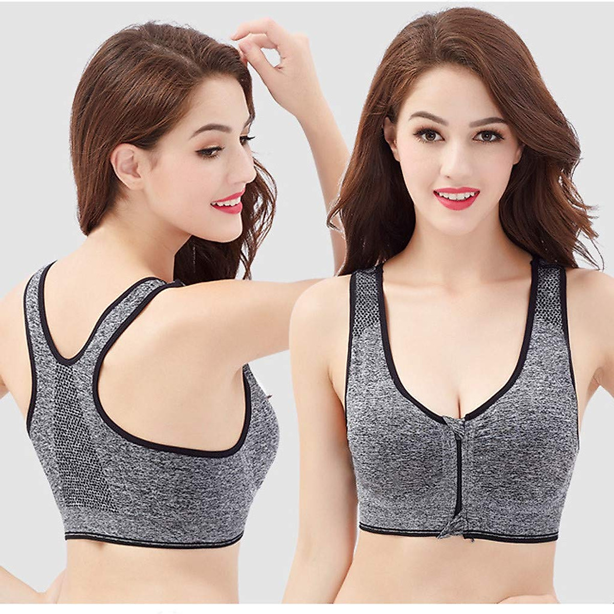 JFLYOU Bra For Women,Ladies Zip Front Sports Bra Wireless Post Surgery Bra Active Yoga Sport Yoga Bra(Gray,X-Large)