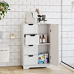 FOTOSOK Bathroom Floor Cabinet, Freestanding Storage Cabinet with 4 Drawers & 1 Cupboard, Adjustable Shelf for Bathroom Entryway Living Room, White