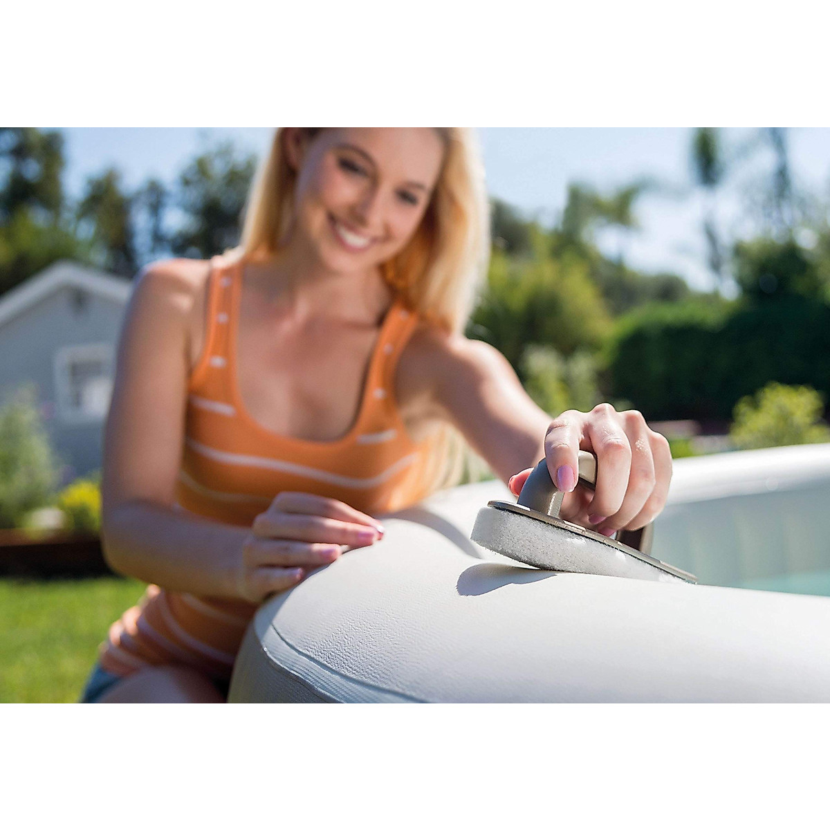 Intex PureSpa Plus Greystone Inflatable Square Outdoor Hot Tub Spa, 74 x 28 with PureSpa Maintenance Accessory Brush, Skimmer, and Scrubber Kit