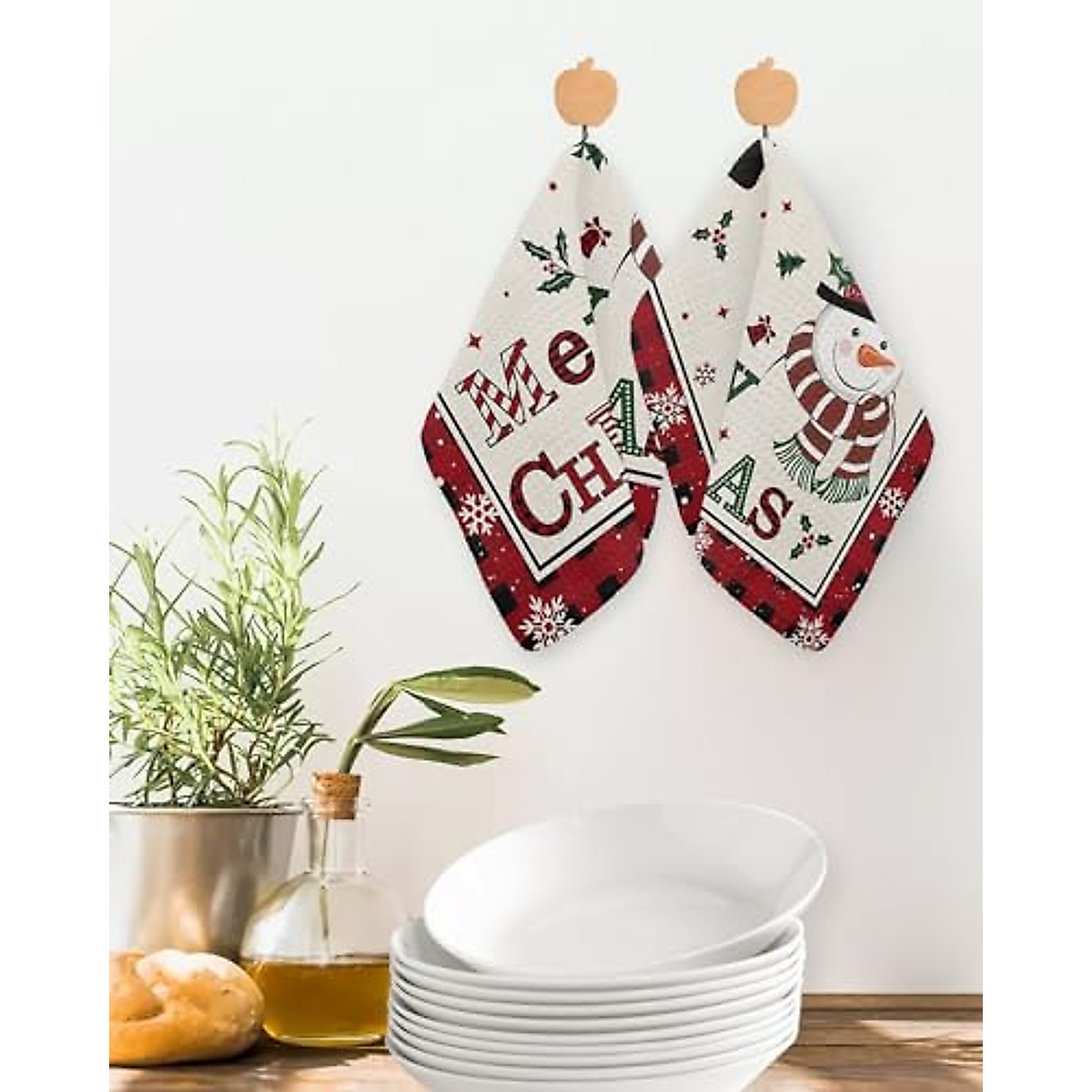 Hokiten Christmas Waffle Kitchen Towels Dishcloths, Red Black Plaid Snowman Xmas Winter Snowflake Absorbent Dish Towels | Hand Towels for Bathroom/Bar, 12 x 12 Inch, 2 Pcs