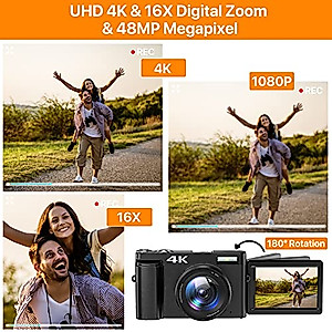 Vlogging Camera, 4K Digital Camera for YouTube Autofocus 16X Digital Zoom 48MP Video Cameras for Photography with 32GB SD Card, 180 Degree 3.0 inch Flip Screen, 2 Batteries and Charging Stand