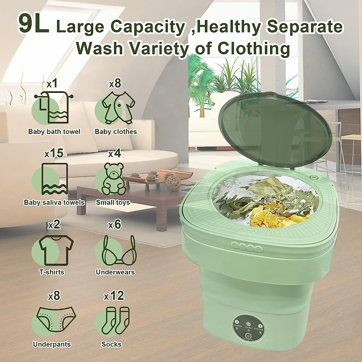 Portable Washing Machine,Upgraded 9L Mini Folding Washer with Spin Dryer,Deep Cleaning of Underwear,Baby Clothes,or Small Items,Foldable Washing Machine for Apartment,Camping,RV,Travel(Green)