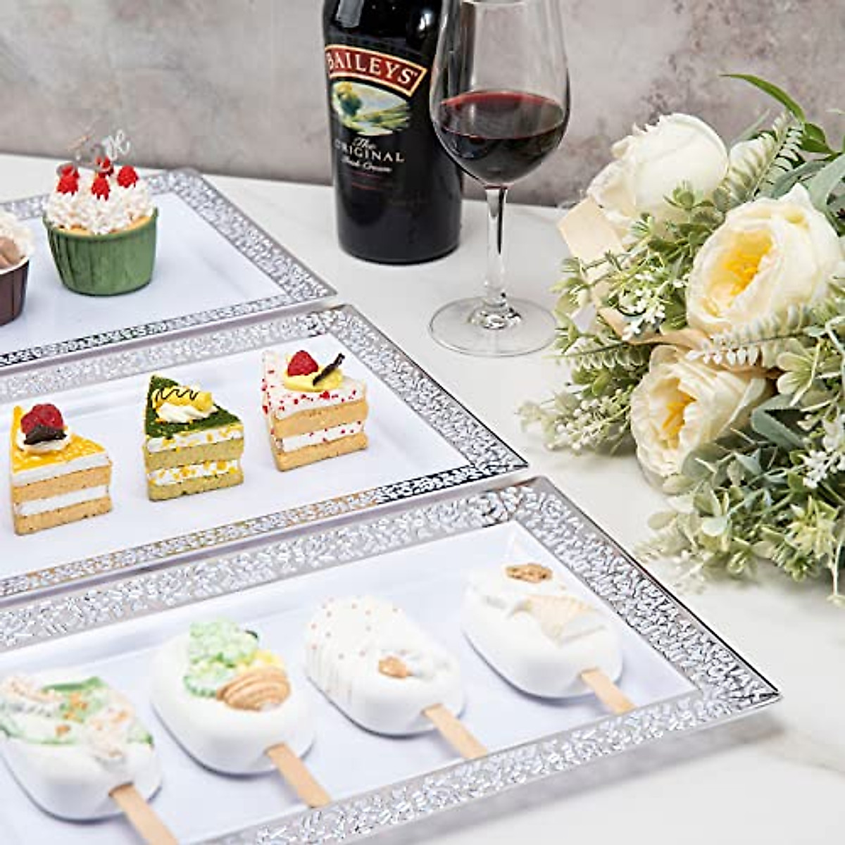 BBG 12Pcs Plastic Silver Serving Trays and Platters Set, 13.77 * 8.46” White with Silver Lace Design, Rectangular Plastic Food Platters, Disposable Serving Tray for Party Weddings Reception Buffet