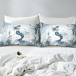 Feelyou Mermaid Bedding Set King Size Ocean Life Sea Animal Comforter Cover Set for Kids Boys Girls Children Princess Decor Bedding Duvet Cover Set Room Decor Fish Scales Bedspread Cover 3Pcs