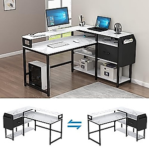 Loomie Reversible L Shaped Computer Desk with Drawer, 55"Wx41"D Industrial Corner Computer Desk with 4 Tier Storage Shelves&Monitor Stand and Storage Bag,Study Table for Home Office, White Faux Marble