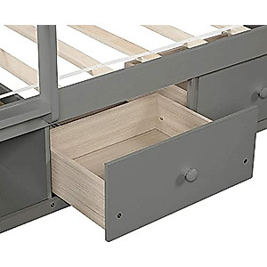 ATH-S Twin Over Twin Bunk Bed, Bunk Bed Frame with Storage Drawers, Wooden Twin bunk Bed with Safety Rail Ladder, Grey (Color : Grey with Trundle, Size : Full Over Full)