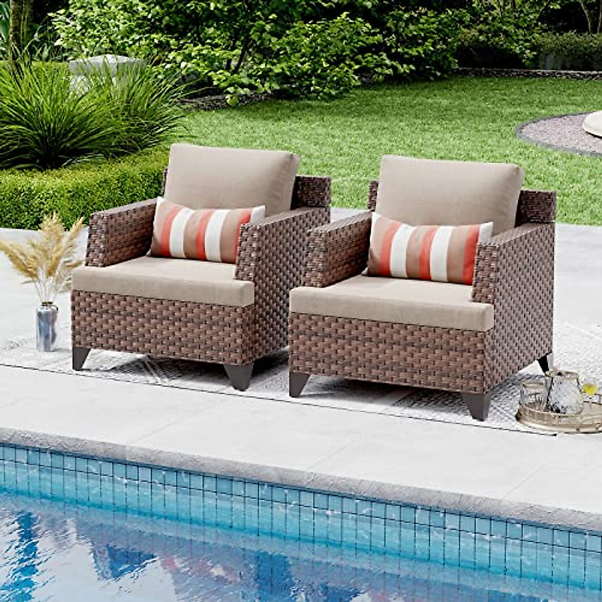 SUNSITT 2-Piece Outdoor Wicker Chairs Patio Furniture Set with Cushions, 2 Throw Pillow and Sofa Cover Included