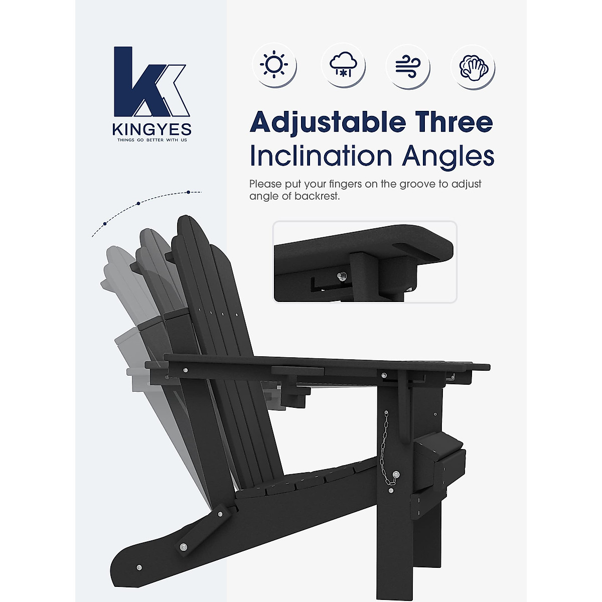KINGYES Folding Adjustable Backrest Adirondack Chair with Cup Holder, Oversized Weather Resistance Adirondack Chair, HDPE Reclining Adirondack Chair for Adult, Black