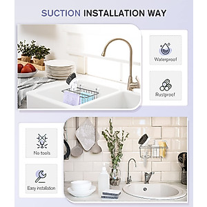 3 in 1 Sink Caddy Sponge Holder, VIS'V 304 Stainless Steel Adhesive Kitchen Sink Basket Sponge Holder Brush Holder Dishcloth Hanger Kitchen Sink Accessories Organizer Rack with 2 Suction Cups - Silver