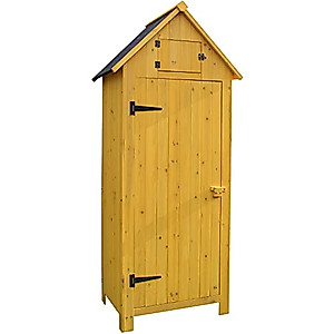 Hanover Outdoor Vertical Wooden Storage Shed for Tools, Equipment, Garden Supplies, with Shelf and Locking Latch, 8.7 cu. ft. Capacity