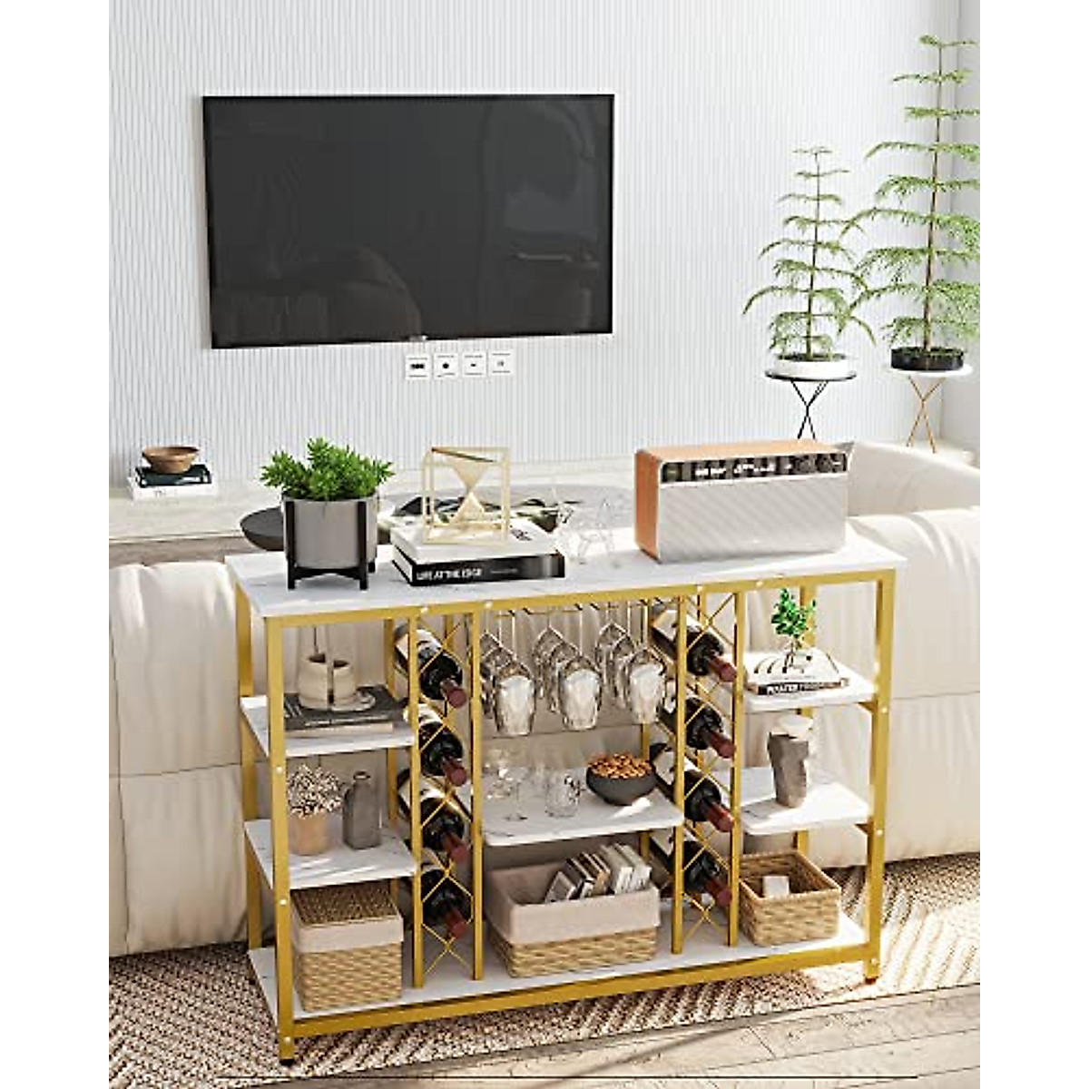 Teraves Modern Wine Rack Table, 47 Inch Wine Baker's Rack with Storage Shelves, 4 Tier Freestanding Wine Rack for Bar, Buffet, Home Kitchen Dining Room Living Room (White Marbling+ Gold Frame)