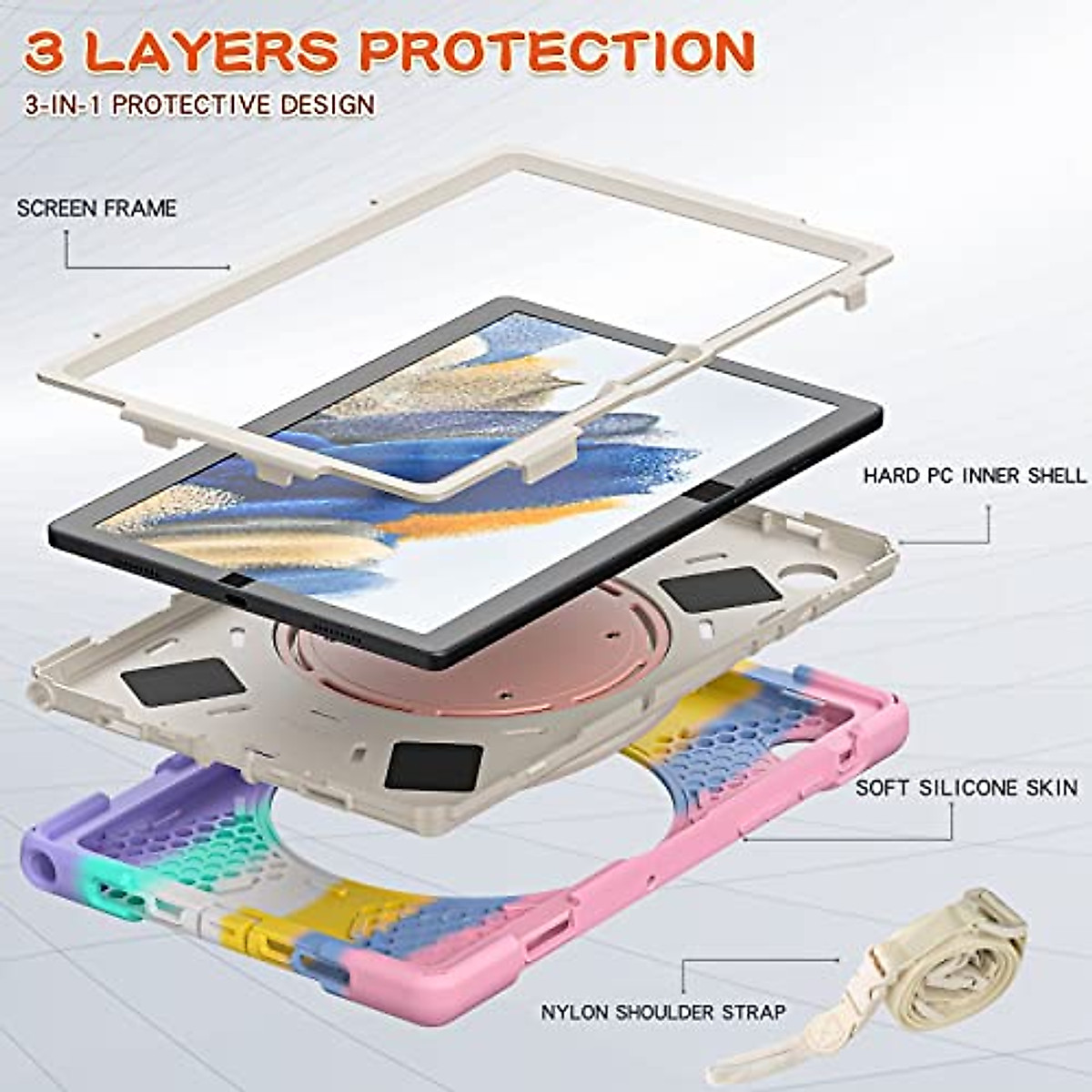 Tablet Case Cover Compatible with Samsung Galaxy Tab A8 10.5 inch 2021 (SM-X200/X205) Shockproof Kids Case,[Kickstand] [Shoulder Strap] 360 Degree Rotating Handle Stand Bracket Heavy Duty Rugged Cover