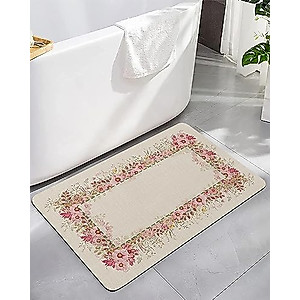 Spring Summer Bath Mat for Tub,Non Slip Bathroom Floor Runner Rug Quick Dry & Absorbent Diatomaceous Earth Shower Sink Kitchen Living Room Washable Doormat,Flower Florals Herb Plant Leaves 20"x32"