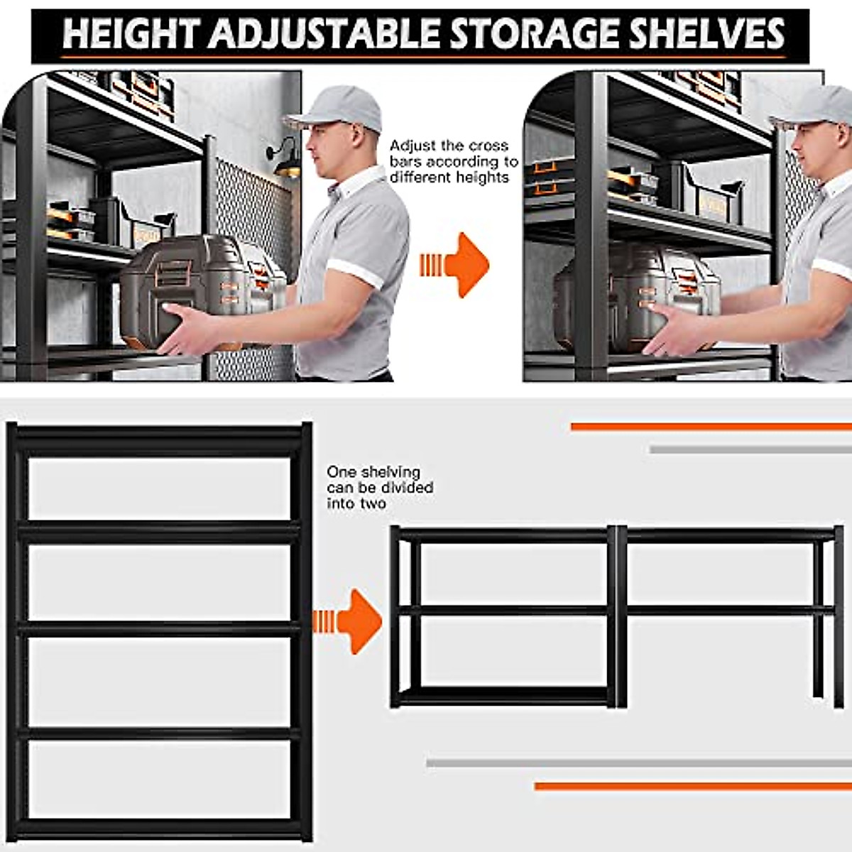 REIBII Garage Shelving Heavy Duty Storage Shelves Load 2000Lbs, Adjustable Garage Shelves Heavy Duty Shelving, 5-Tier Metal Shelving Unit, Garage Storage Shelves, Utility Shelf Racks, 40"W x18"D x72"H