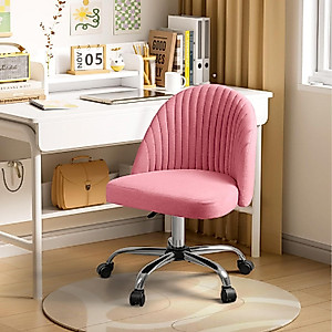 JUMMICO Home Office Desk Chair Vanity Chair Twill Upholstered Adjustable Mid-Back Armless Swivel Task Chair Modern Fabric Office Chairs with Wheels for Bedroom, Living Room, Make-up (Pink)