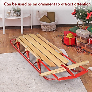 GLACER Wooden Sled, 54 Inches Snow Slider w/Metal Runners & Steering Bar, Sleigh Toboggan Pull Sled for Kids & Adults, Steel & Wood