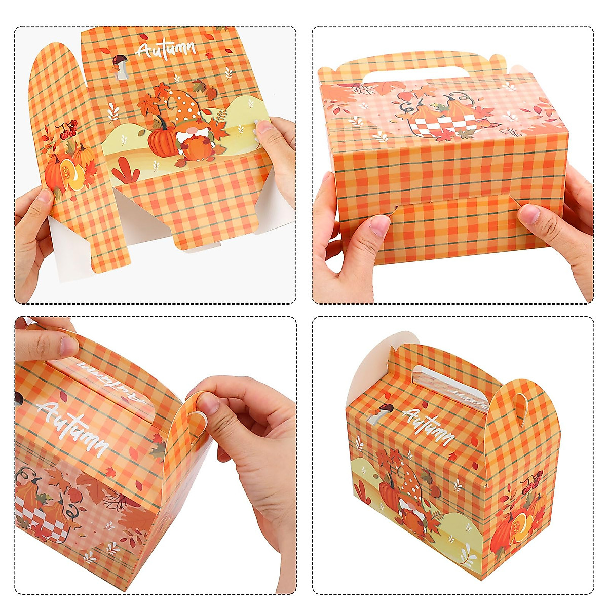 HOWAF 12pcs Fall Party Treat Boxes, Hello Autumn Plaid Gift Boxes with Maple Leaves Pumpkin Gnome Design for Fall Harvest Party Supplies, Autumn Party Candy Boxes, Hello Fall Goodie Boxes