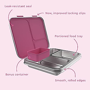 Bentgo® Kids Stainless Steel Leak-Resistant Lunch Box - Bento-Style Redesigned in 2022 w/Upgraded Latches, 3 Compartments, & Extra Container - Eco-Friendly, Dishwasher Safe, Patented Design (Fuchsia)