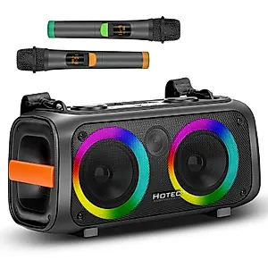 Hotec Karaoke Machine - Portable Bluetooth PA Speaker with Two Wireless Microphones, LED Party Lights, TF Card/USB Music, AUX Input, REC, and TWS for Adults and Kids