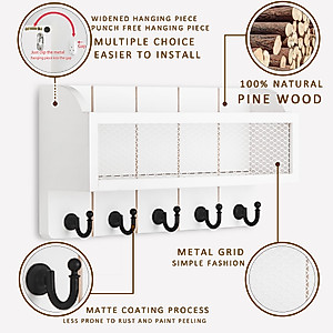 Ikviier Key Holder for Wall Decorative Made of Pine, Key Rack for Wall White, Key Hook for Wall with 5 Metal Hooks, Farmhouse Mail and Key Holder for Wall (White)